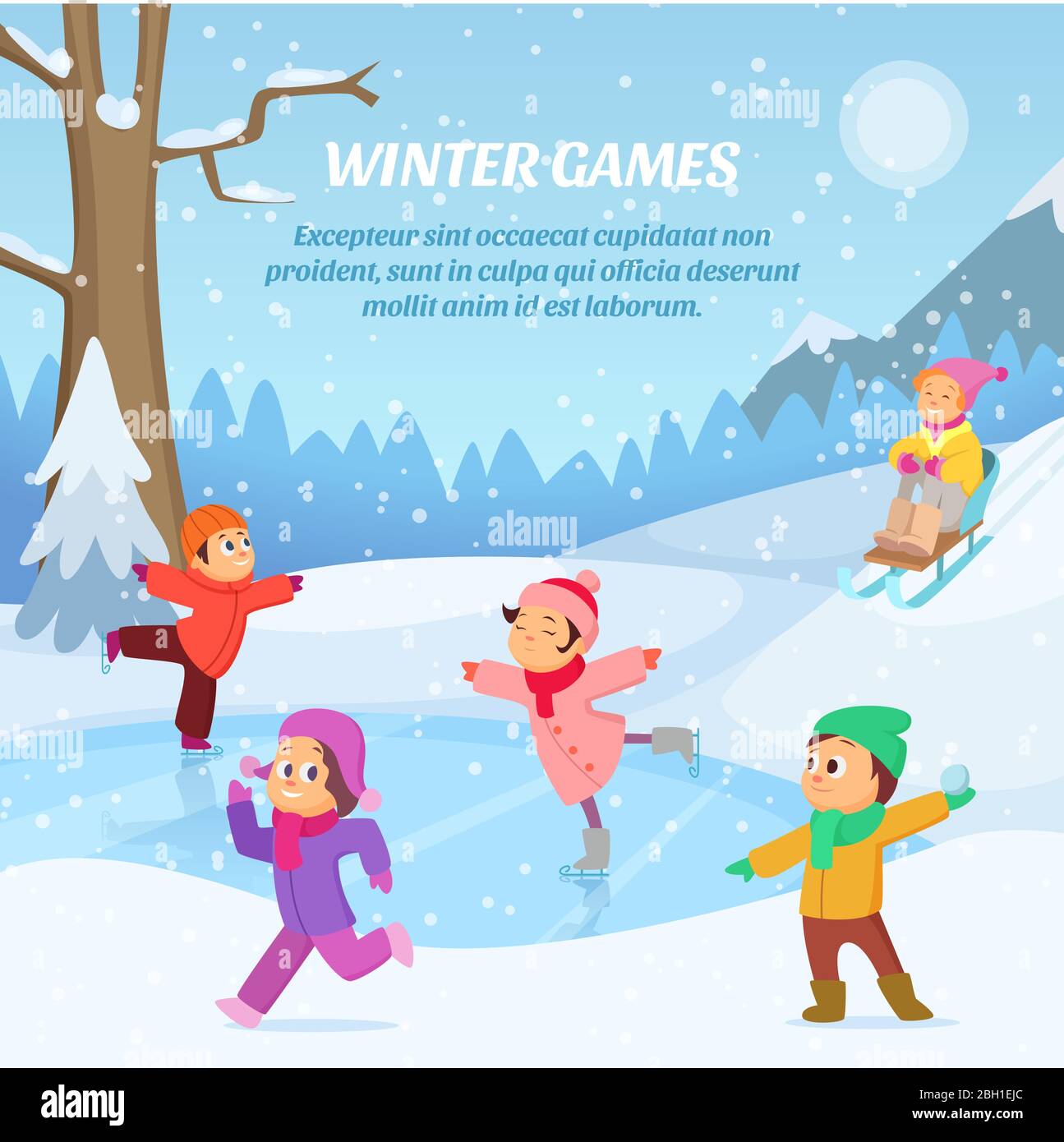 Kids playing in winter games on playground. Outdoors cartoon ...