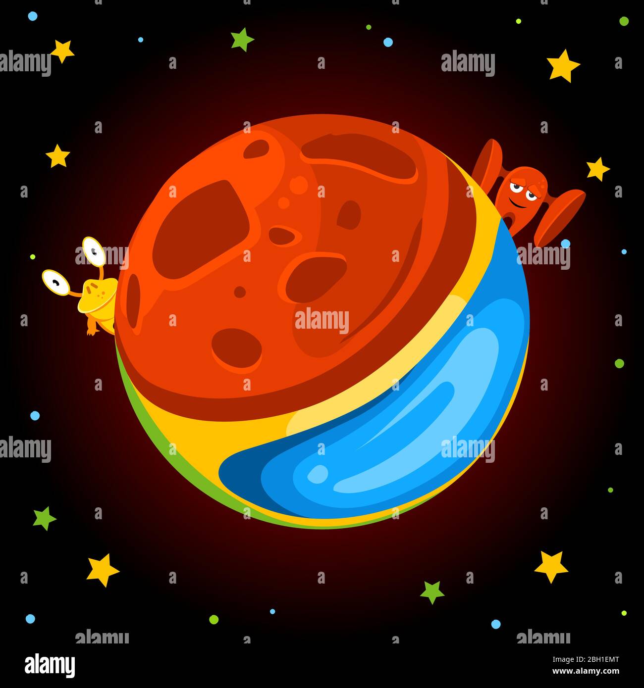 Fantasy cartoon planet with aliens in spece. Vector flat illustration ...