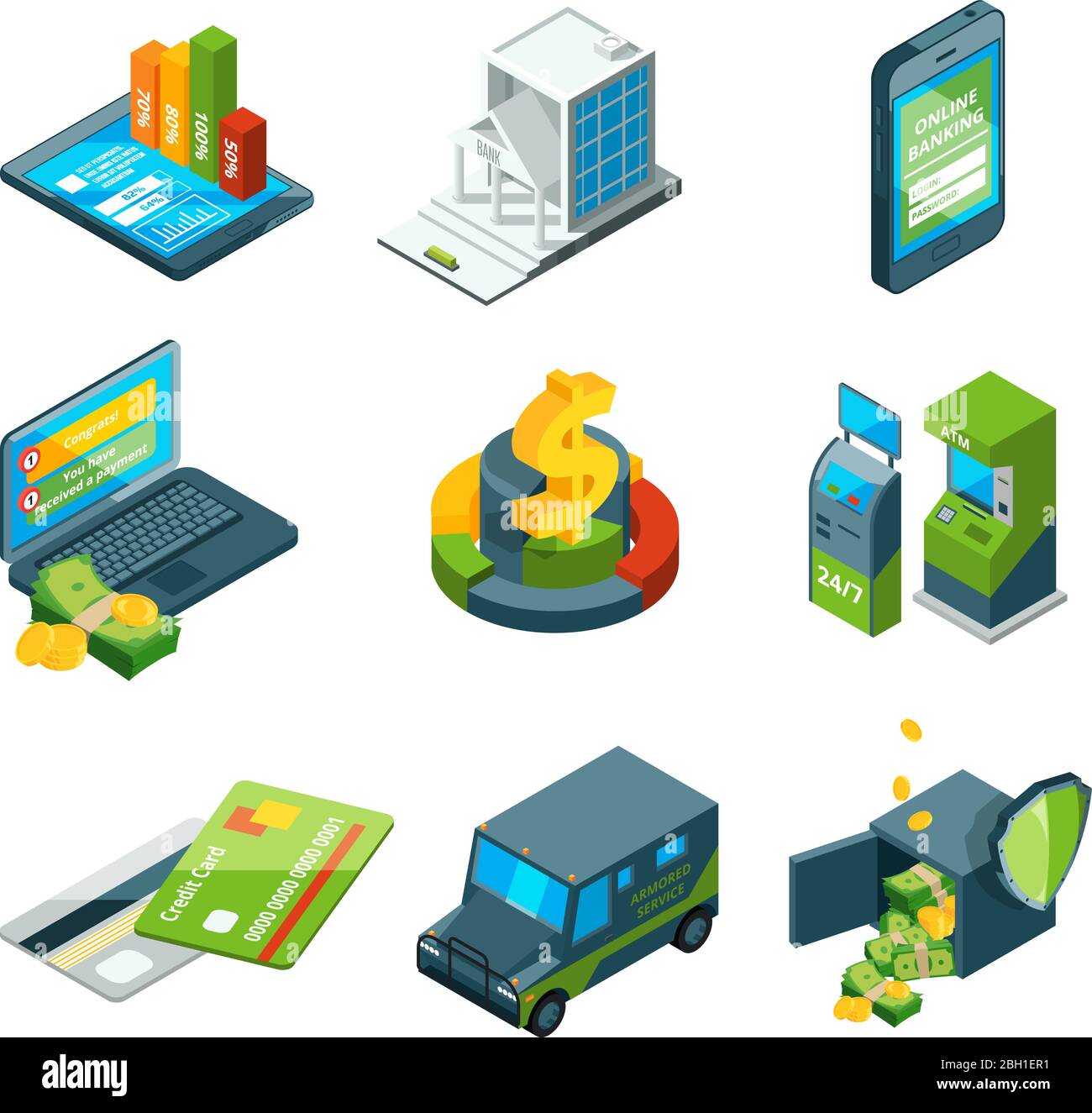 Digital banking. Online bank transaction. Digital operation. Isometric business icon set. Vector ...