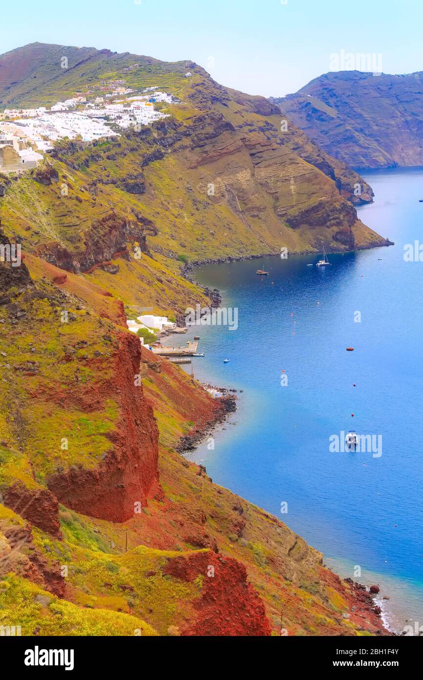 Santorini, Thira, Greece panoramic blue sea view of Fira town to ...