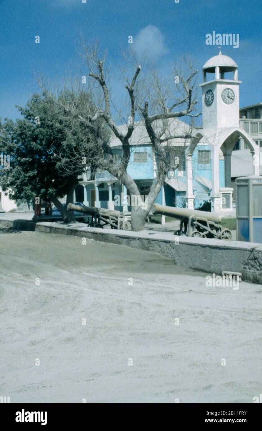 West Indies, Monserrat, Plymouth, Town buildings covered in layer of ...