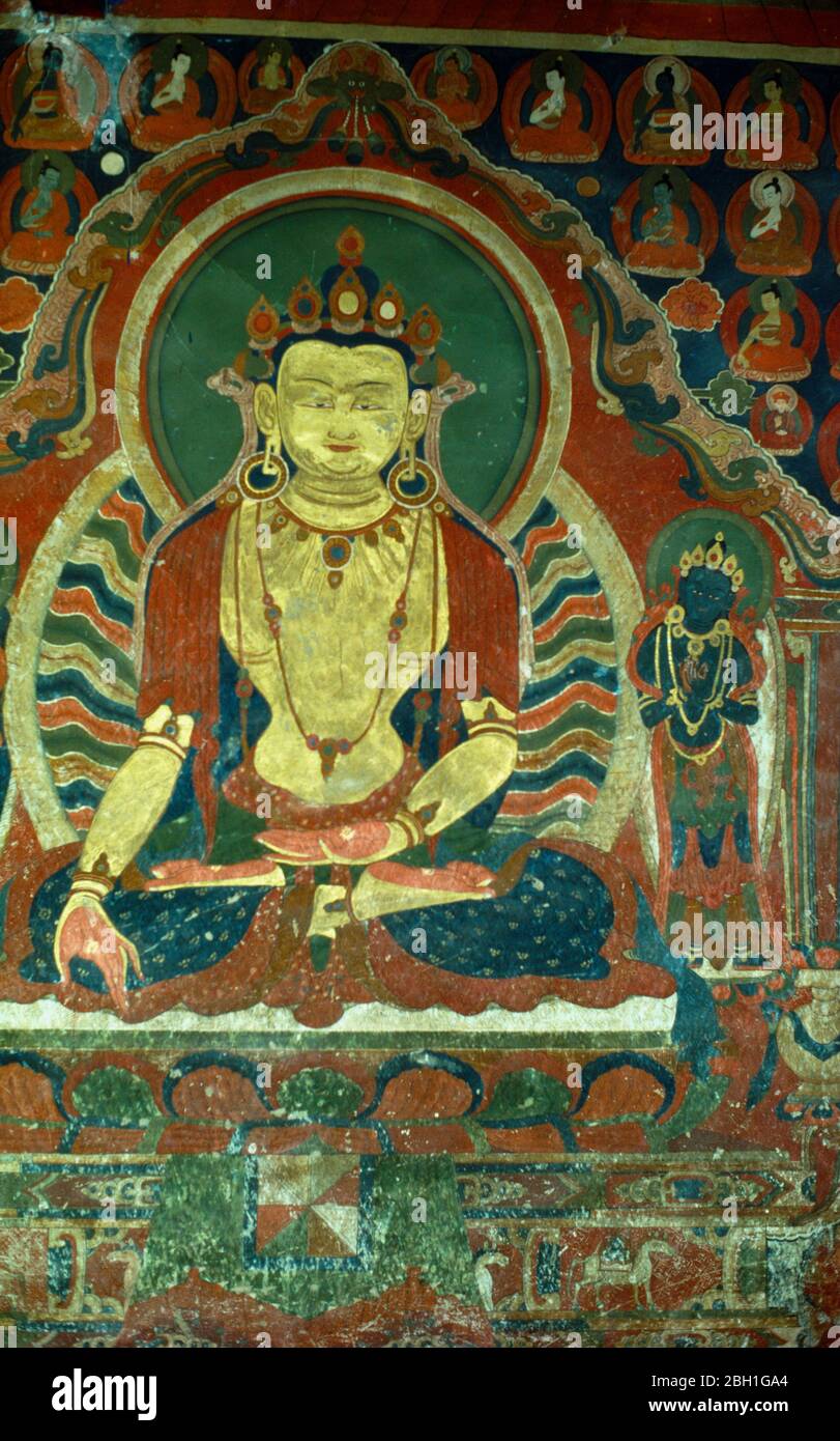 India, Ladakh, Phyang Gompa, Wall panel painting of the Enlightenment ...