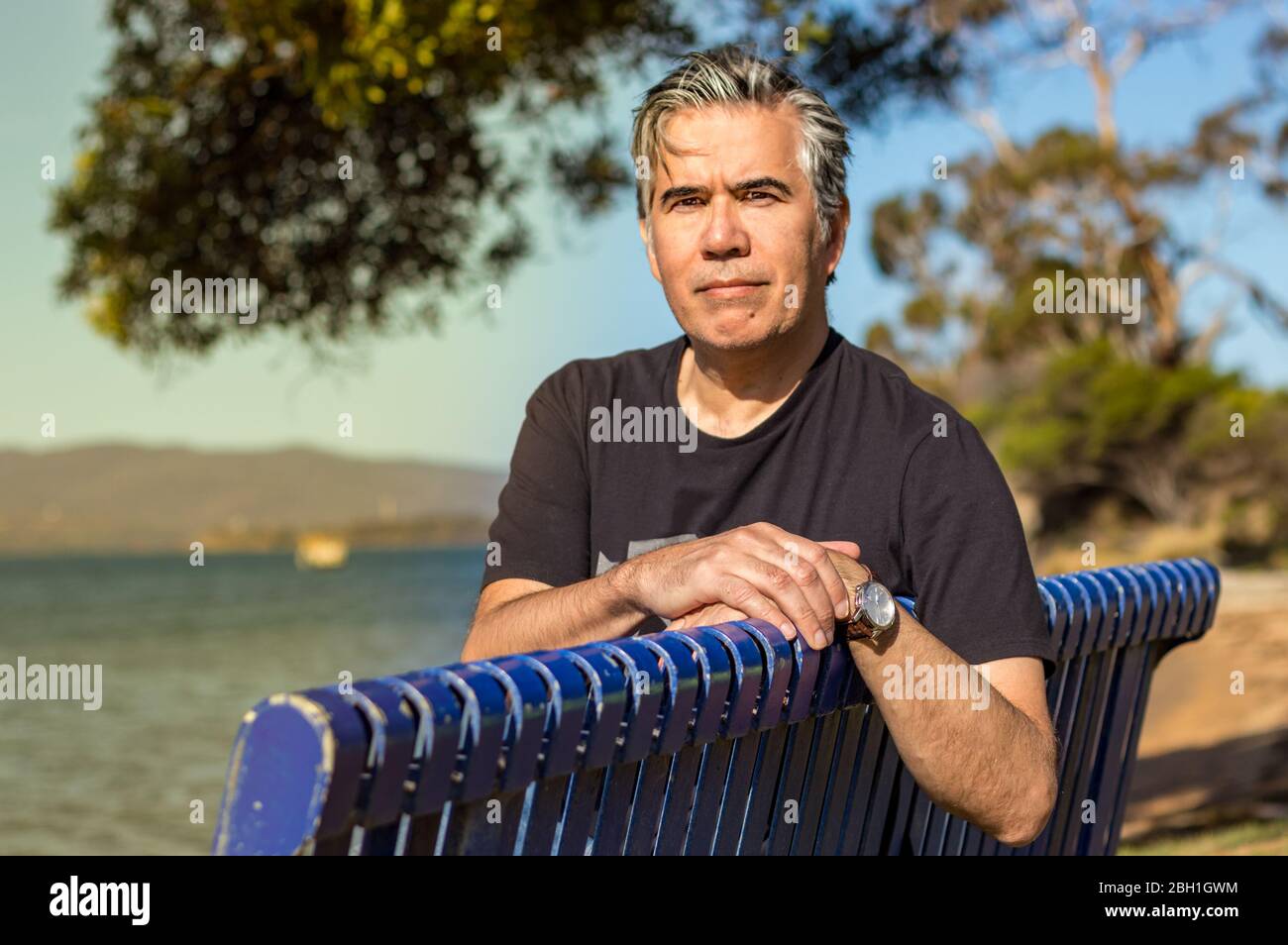 Portrait of a mature man 57 years with gray hair looking camera sitting ...