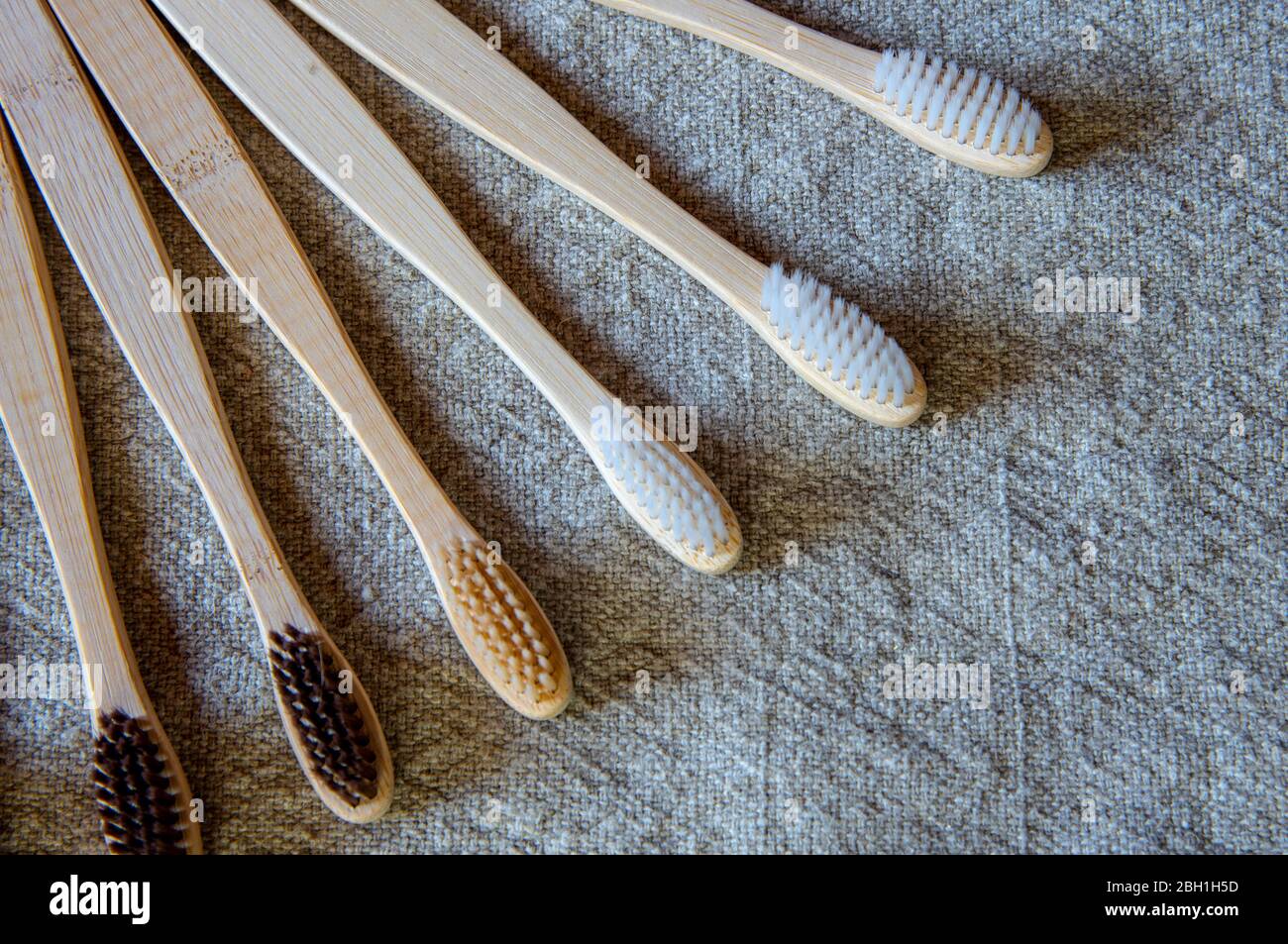 Set of colorful bamboo toothbrushes. Environmentally friendly material ...