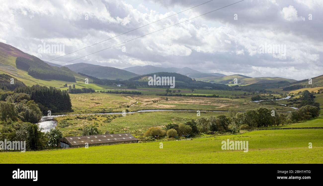 Farmland in a broad valley of the Southern Uplands, Scottish Borders ...