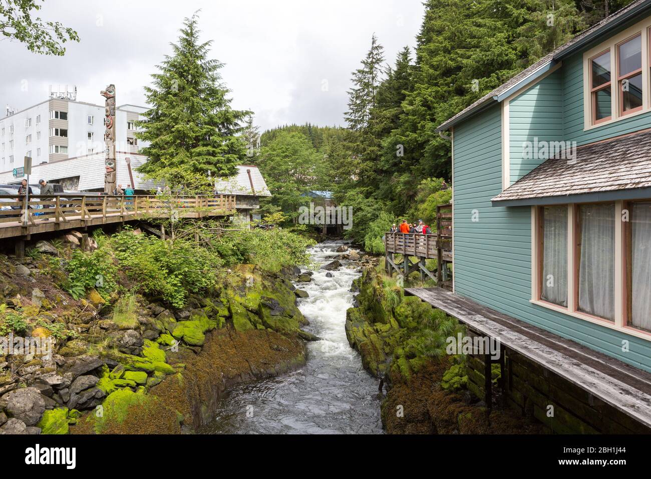 Alaskan buildings in Ketchikan overlooking a salmon stream Stock Photo ...