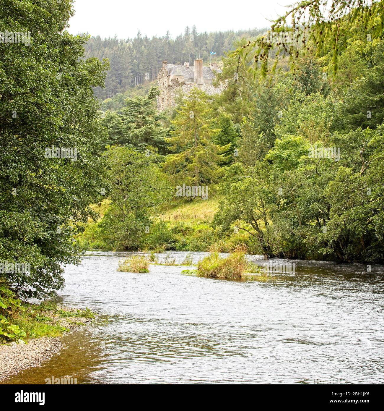 A view of Neidpath Castle across the River Tweed, near Peebles ...