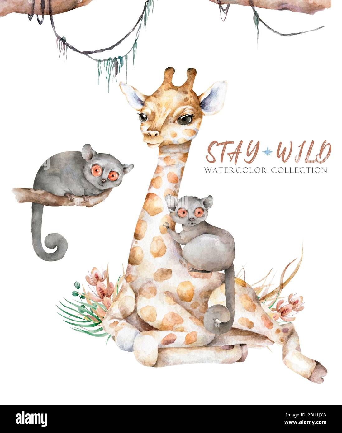 Poster with cute giraffe and mouse lemur. Watercolor cartoon giraffe ...