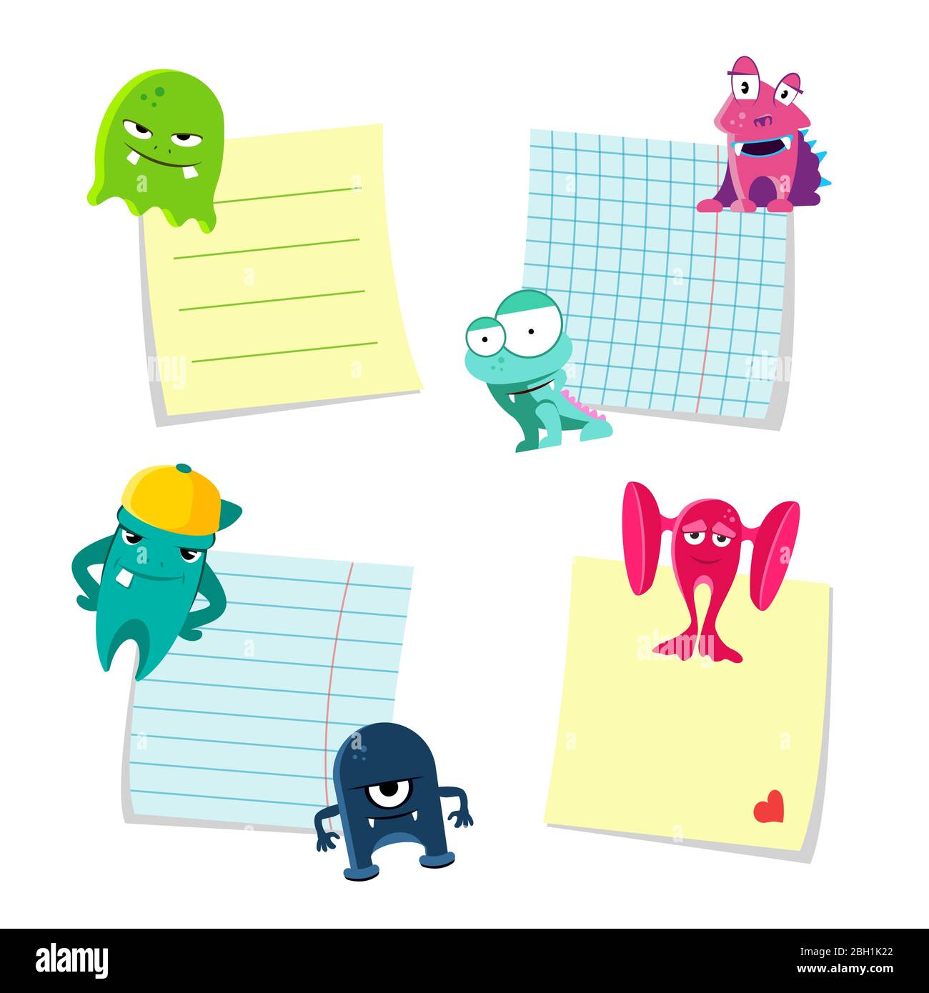 Vector small notes with shadows set kept by cute monsters isolated on ...