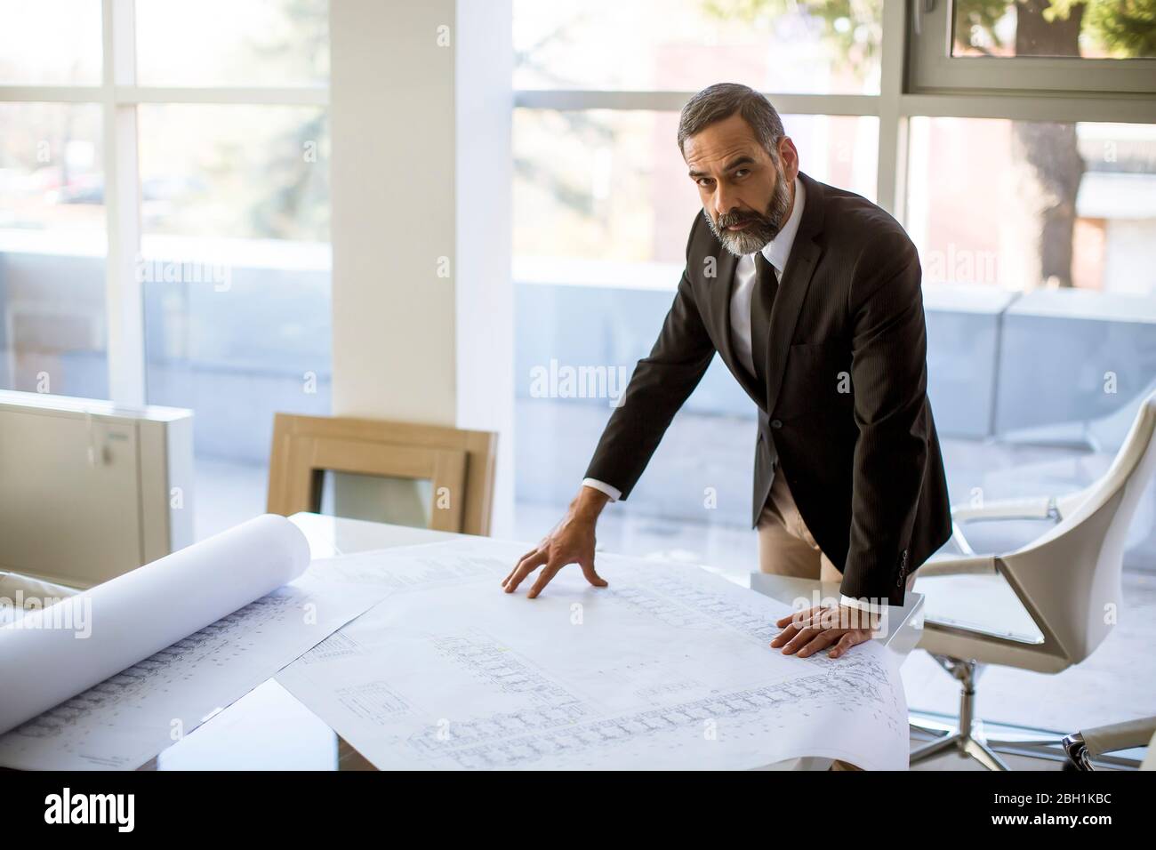 Handsome architect checking plans and blueprints in the office Stock ...
