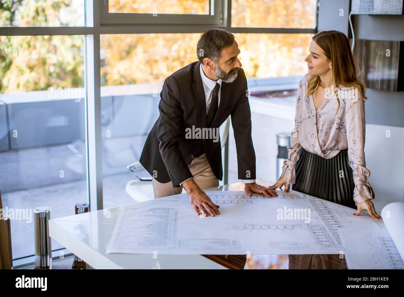 Handsome architect and his young female colleague checking plans and ...