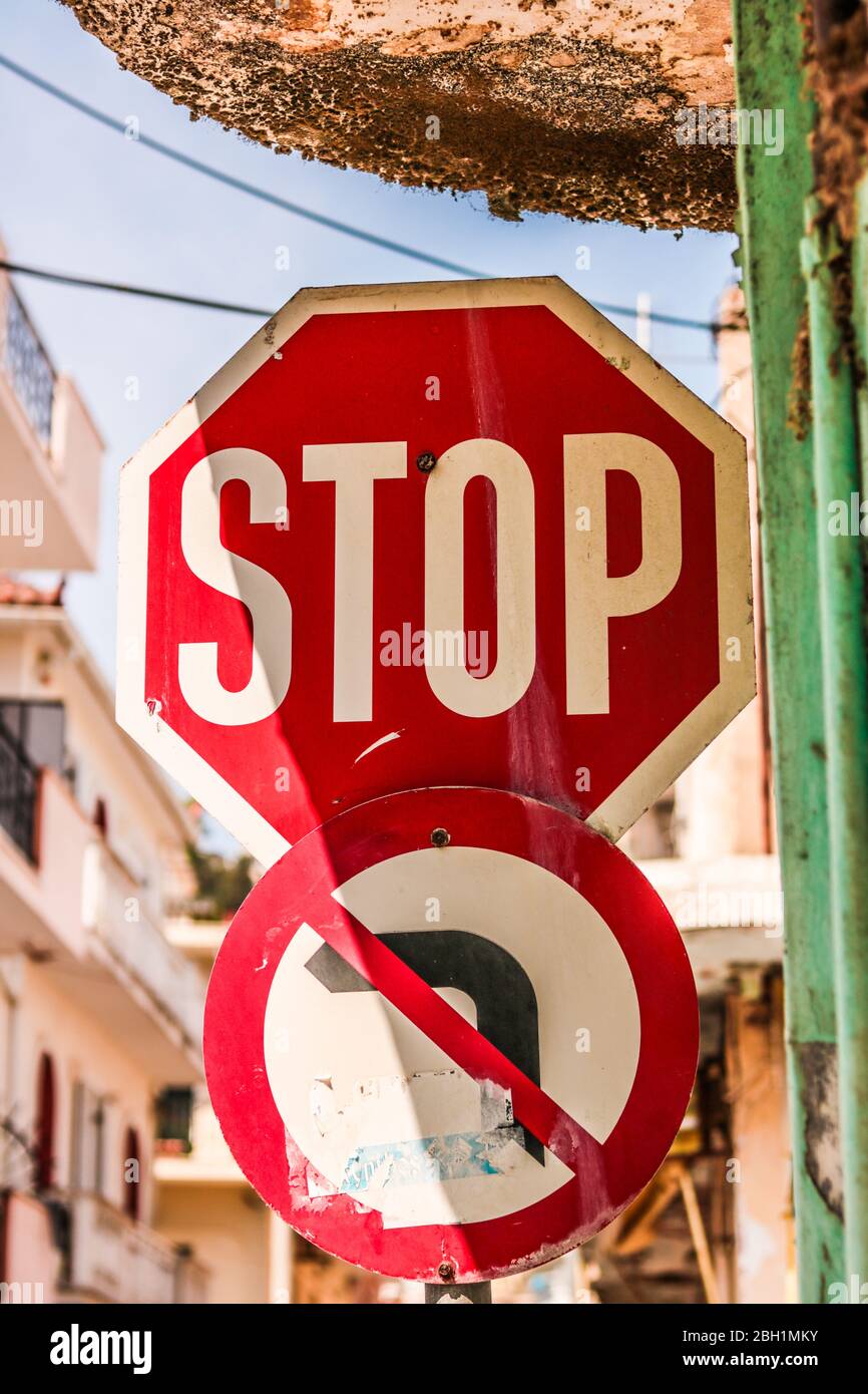 Stop traffic sign no left turn. Traffic restriction Stock Photo - Alamy
