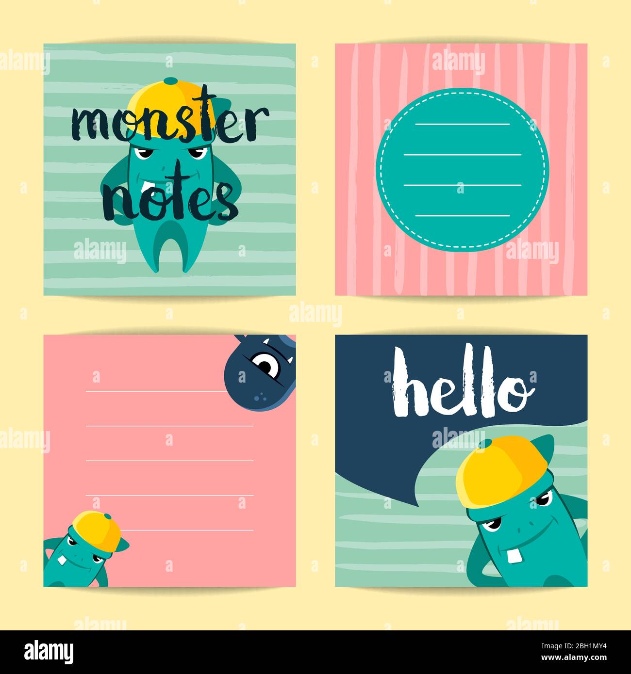 Vector square note cards with cute cartoon monsters on stripes ...