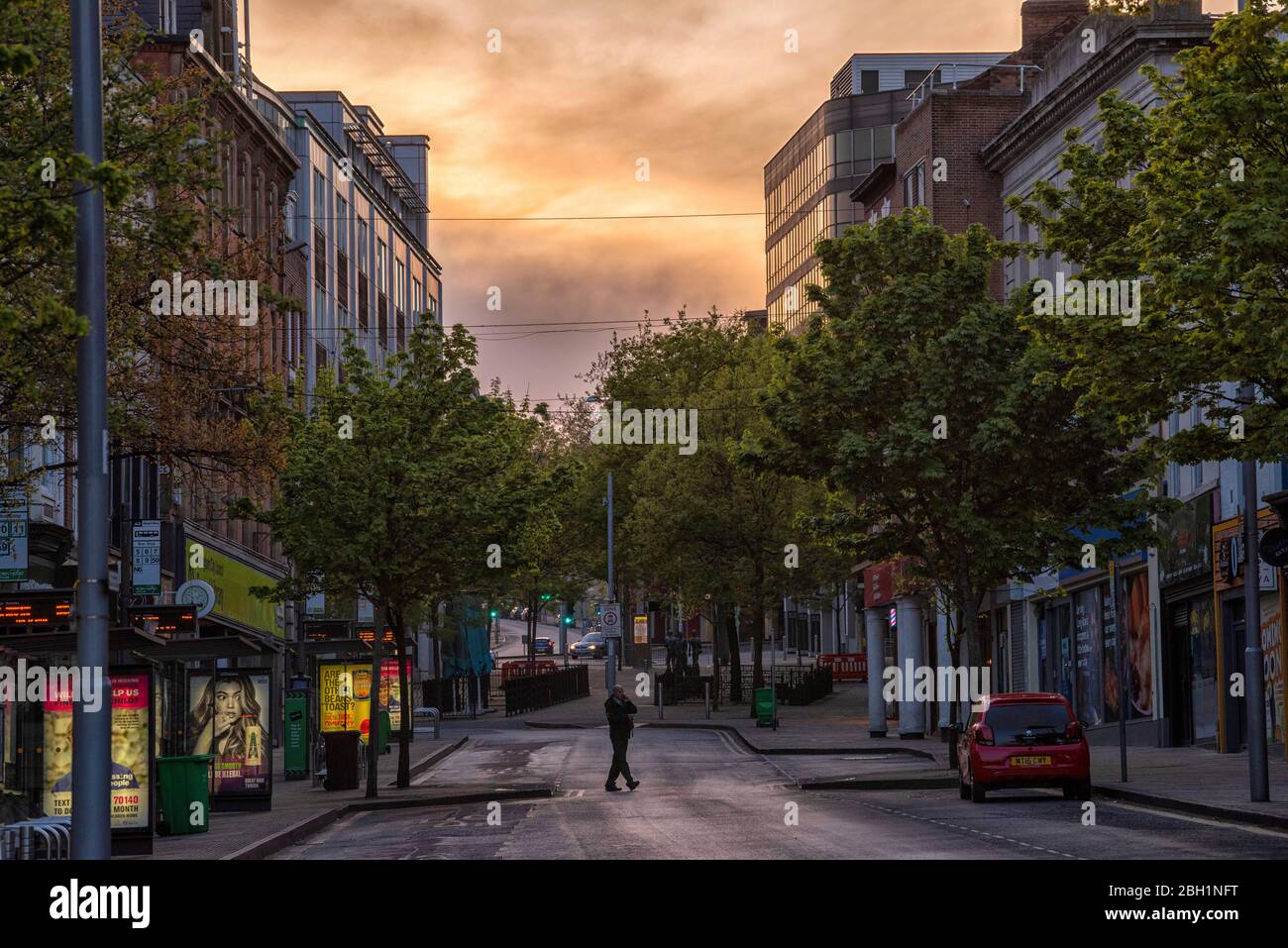 View looking up Long Row West at dusk in Nottingham City, captured ...