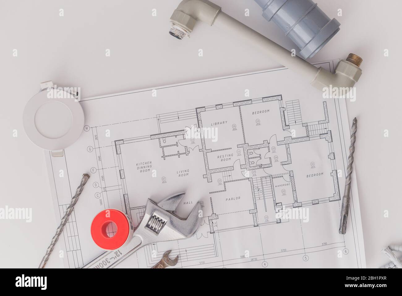 drawings and tools for repair and construction. Tio view Stock Photo ...
