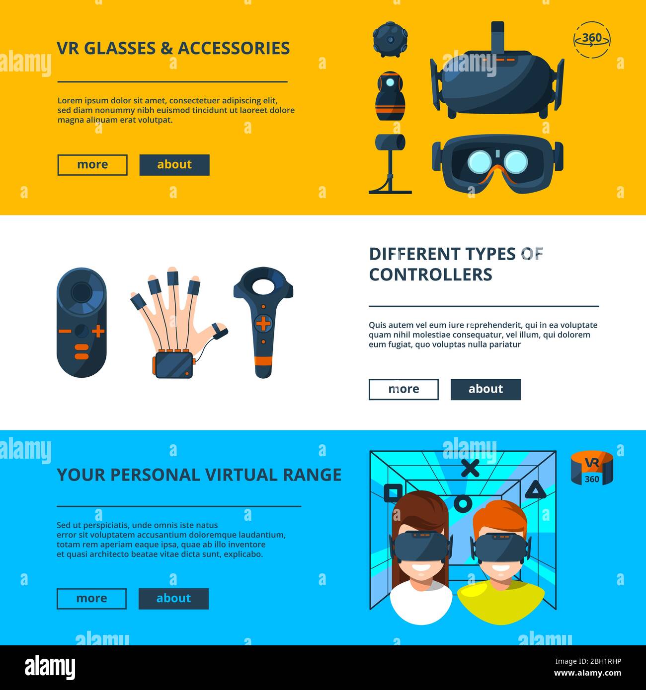 Three horizontal banners set with vector illustrations of virtual ...