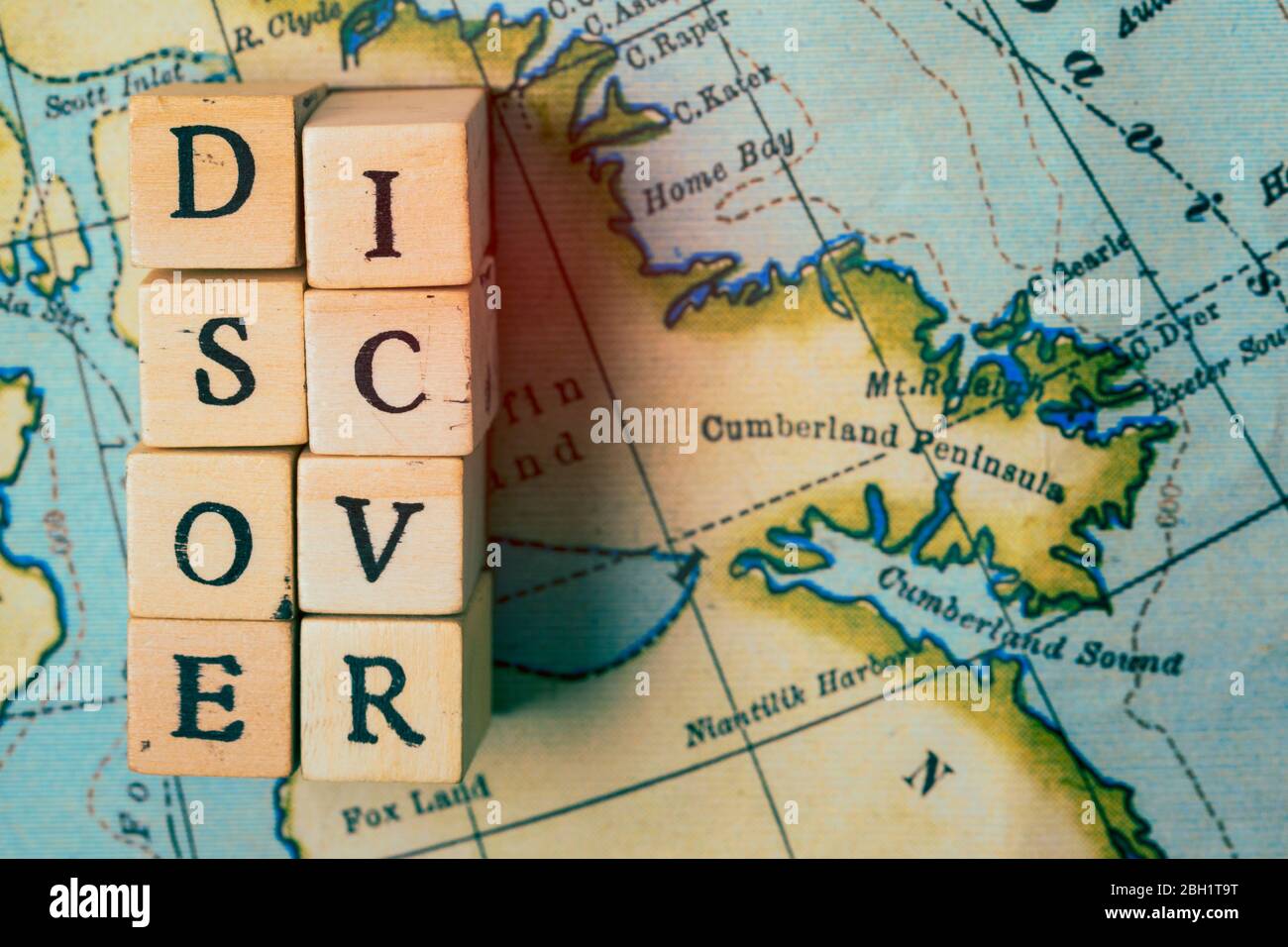 Discover word written in wooden blocks on a vintage travel map Stock ...