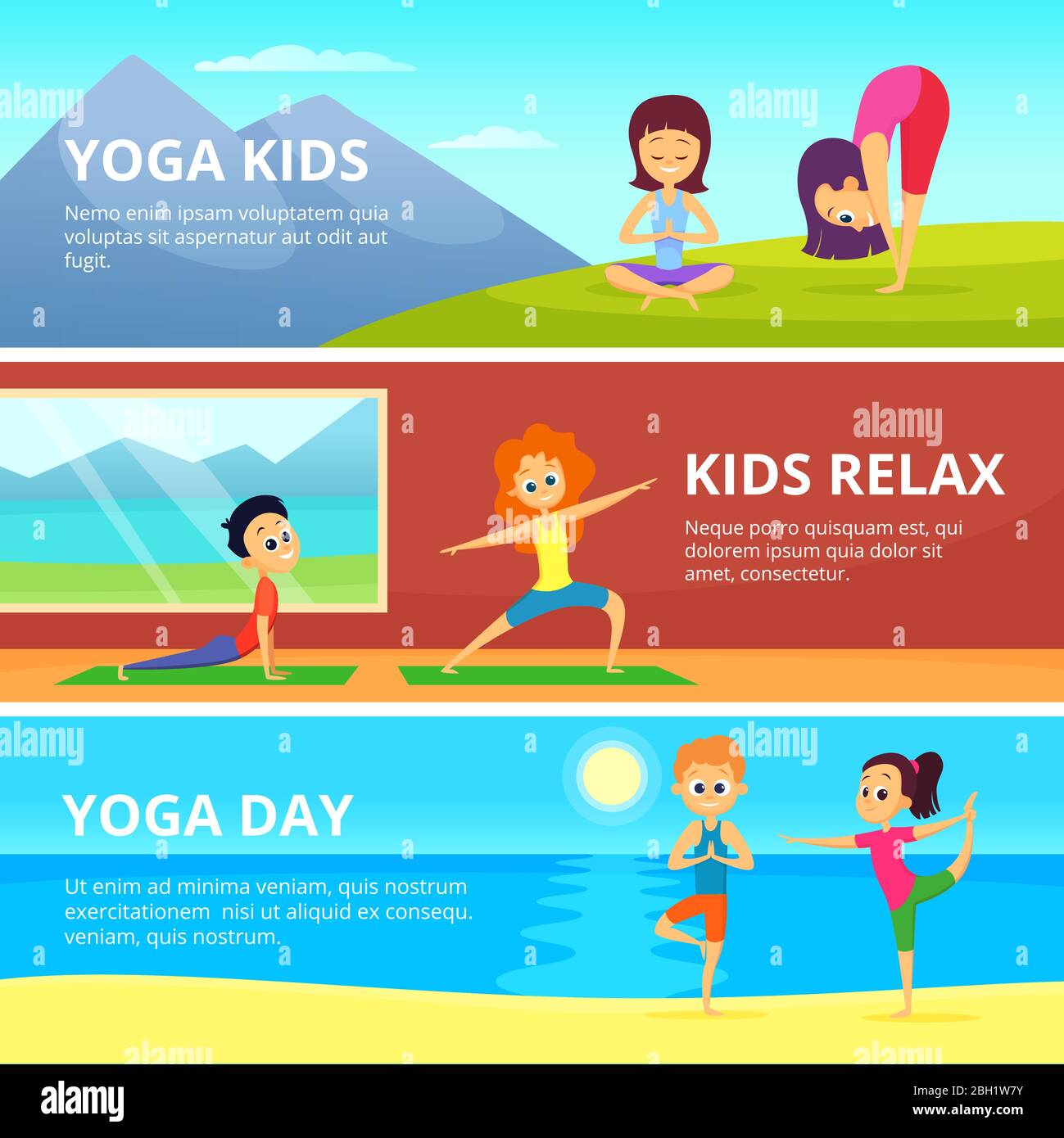 Outdoor pictures of kids making different yoga exercises. Vector ...