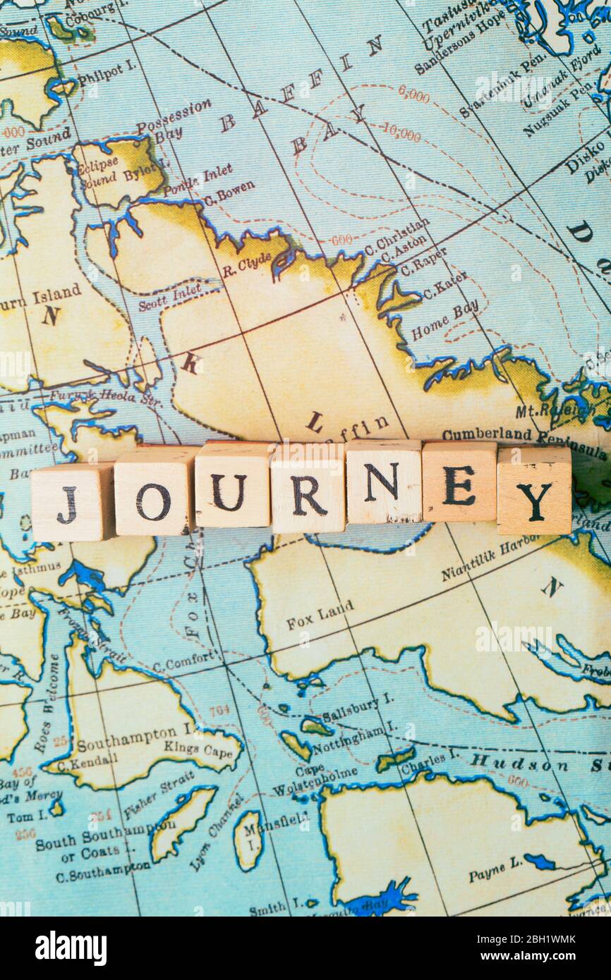 Journey word written in wooden blocks on a vintage travel map Stock ...