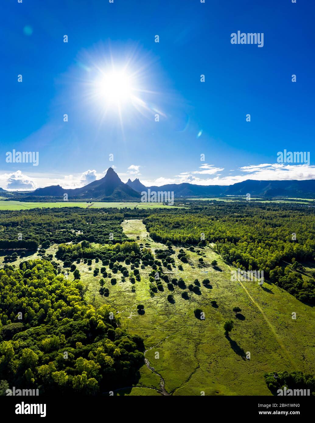Mauritius, Black River, Flic-en-Flac, Aerial view of summer sun shining ...