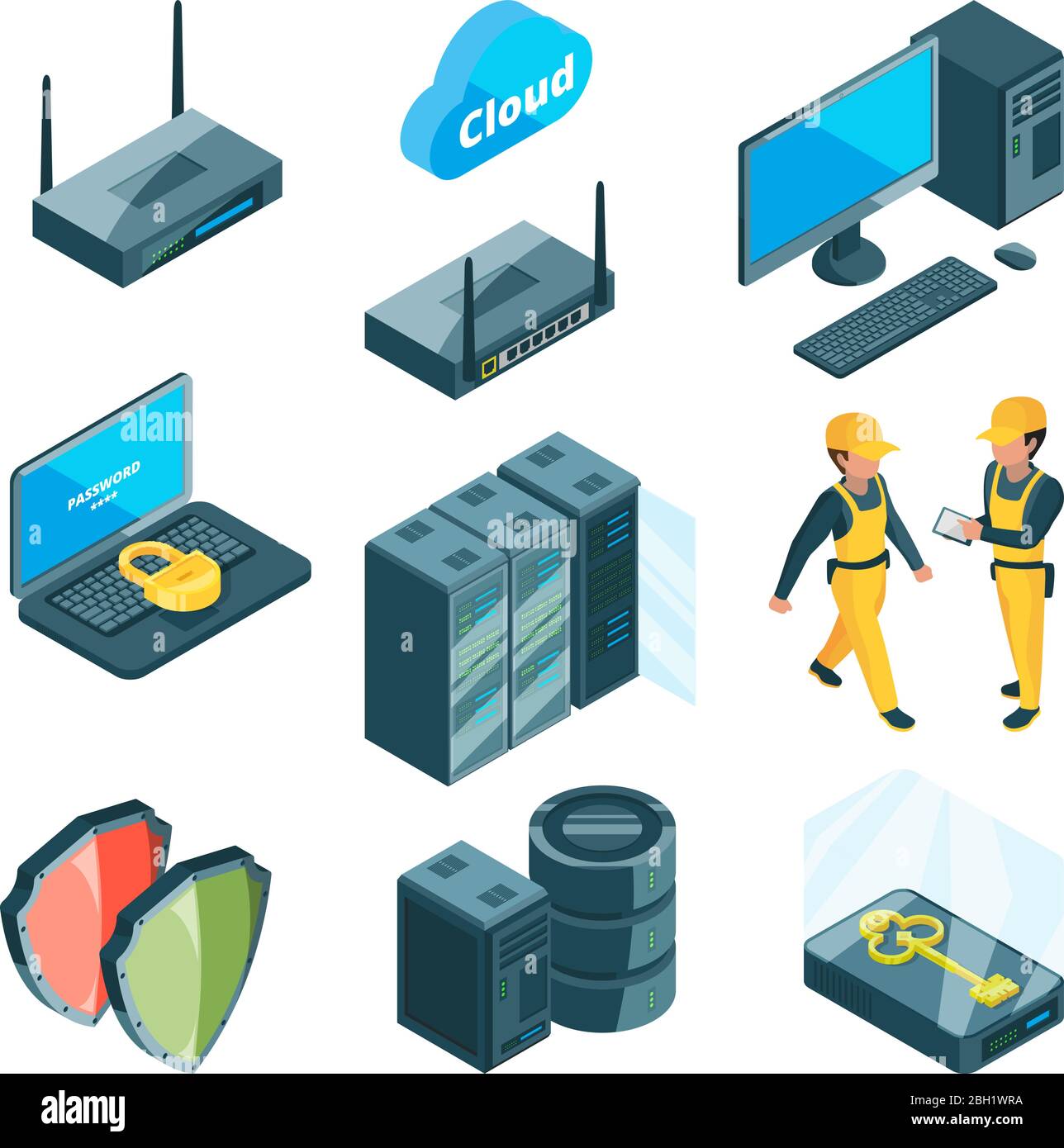 Isometric icon set of different electronic systems for datacenter ... Isometric icon set of different electronic systems for datacenter ...