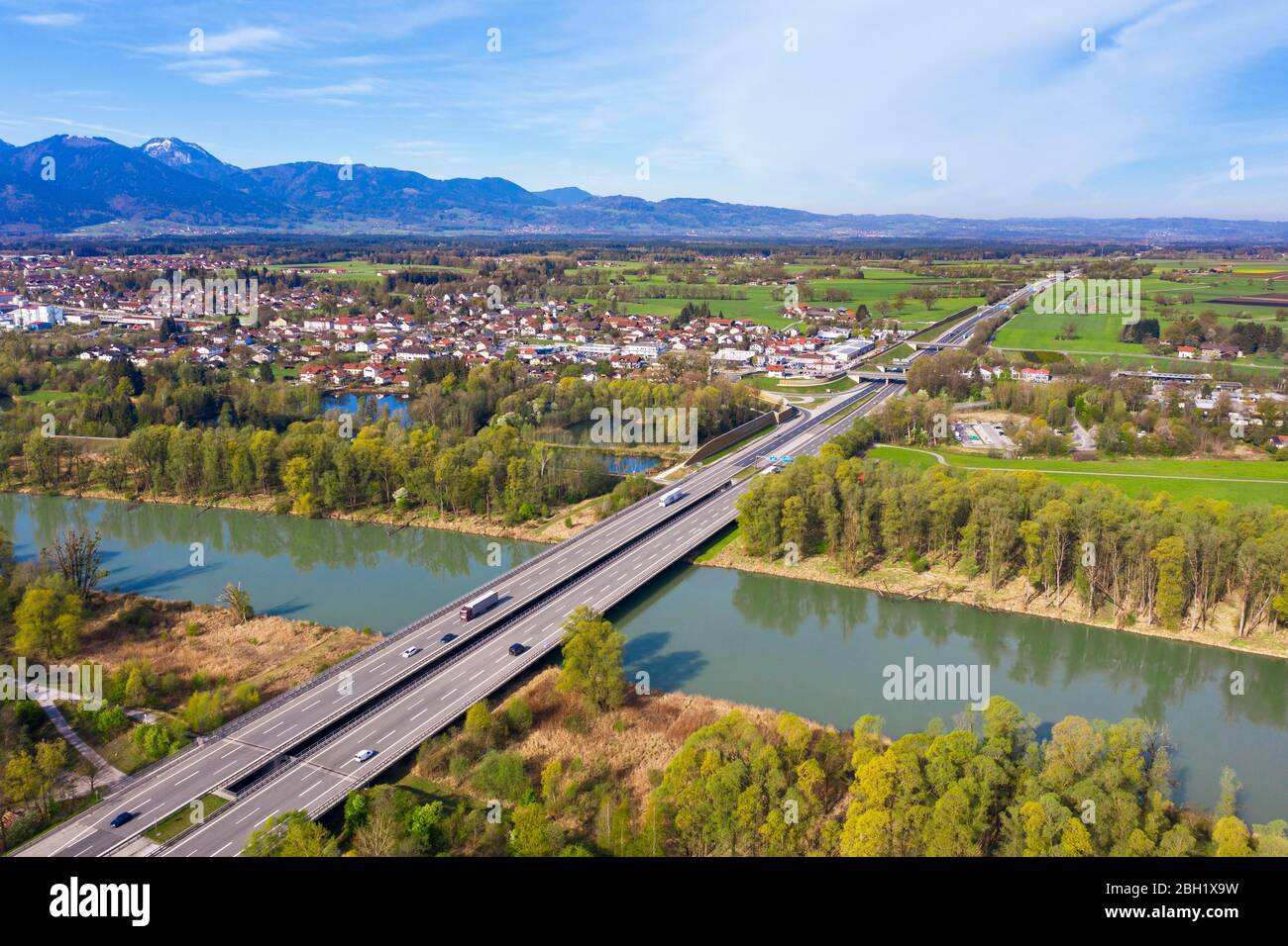 Motorway bridge of the A8 motorway over the Inn, near Raubling, Inn ...