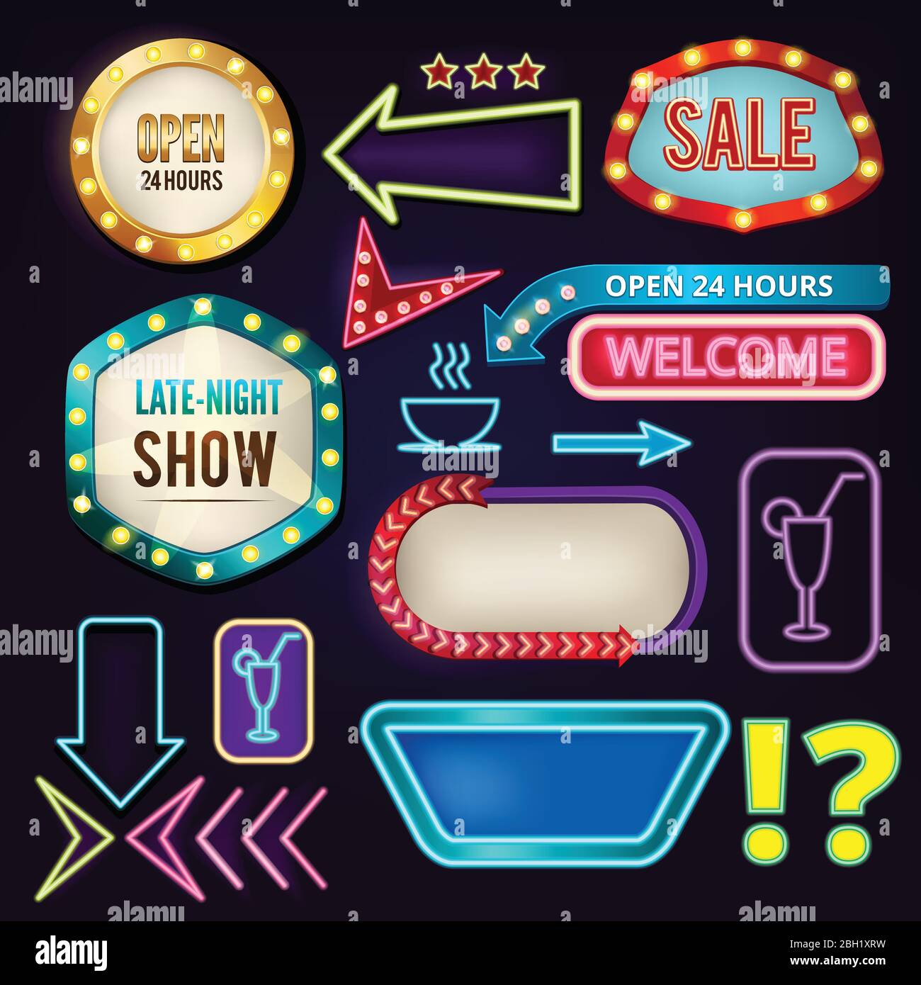 Retro neon signs. Billboards at highway. Empty frames and banners with ...