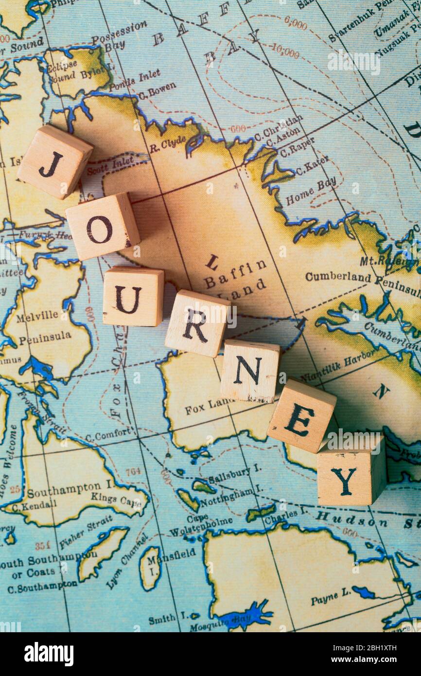 Journey word written in wooden blocks on a vintage travel map Stock ...