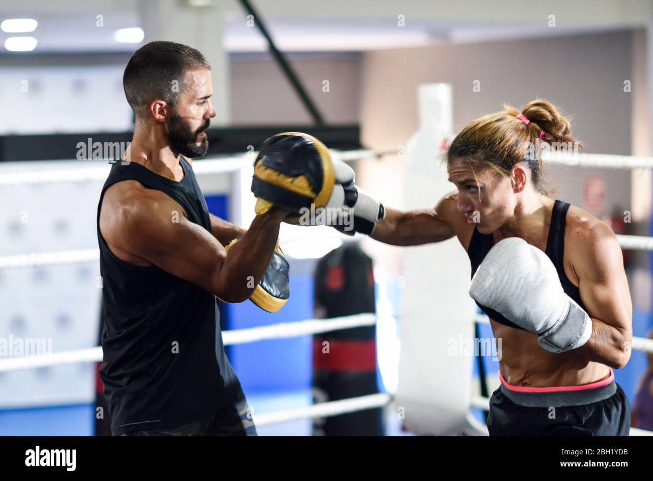Female boxer sparring with her coach in gym Stock Photo - Alamy