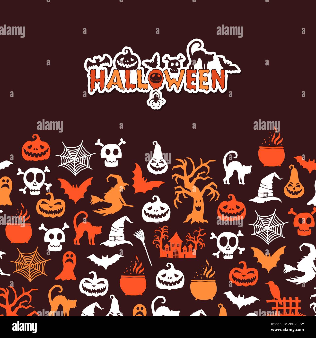 Vector halloween background with witches, pumpkins, ghosts, spiders ...