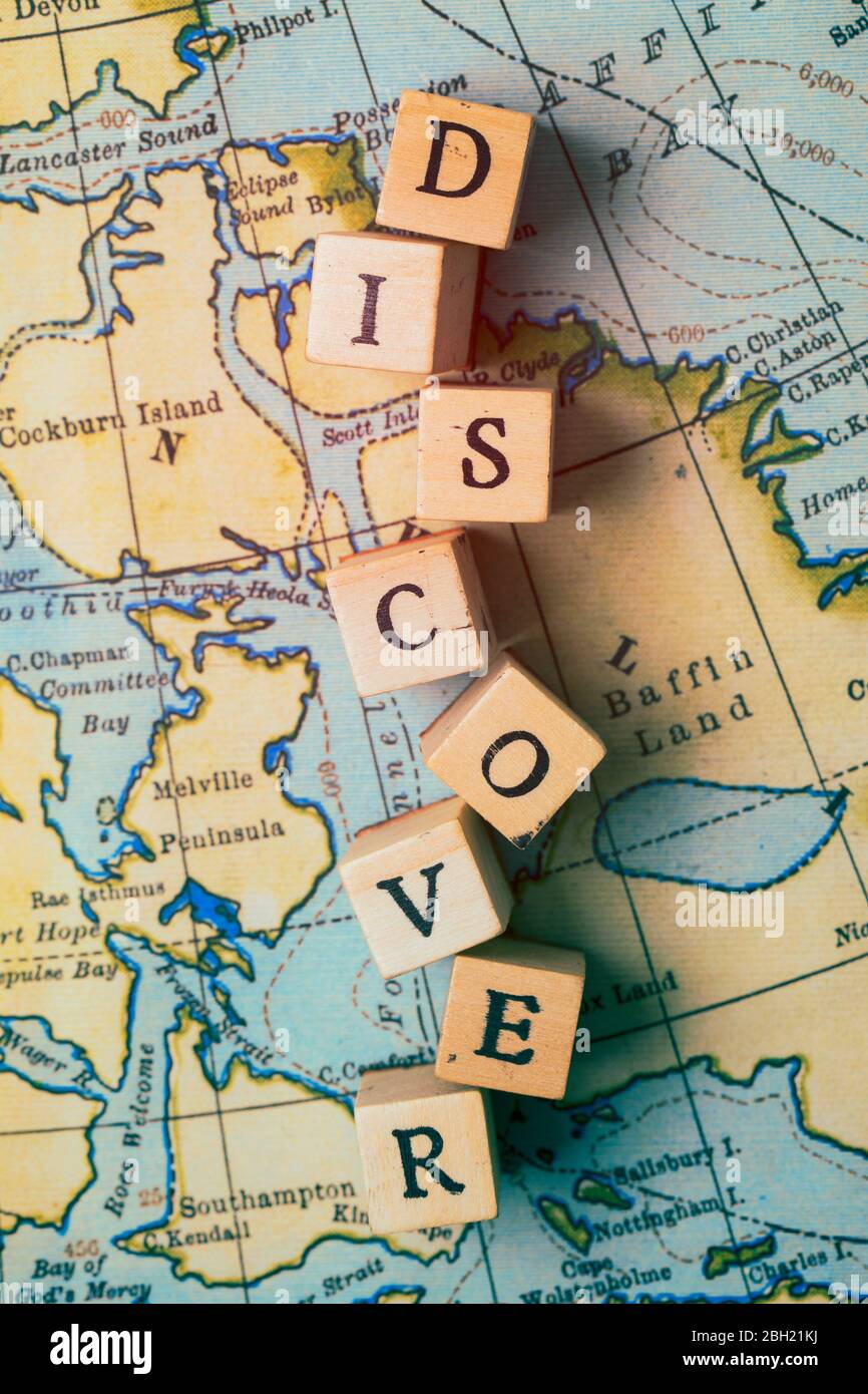 Discover word written in wooden blocks on a vintage travel map Stock ...