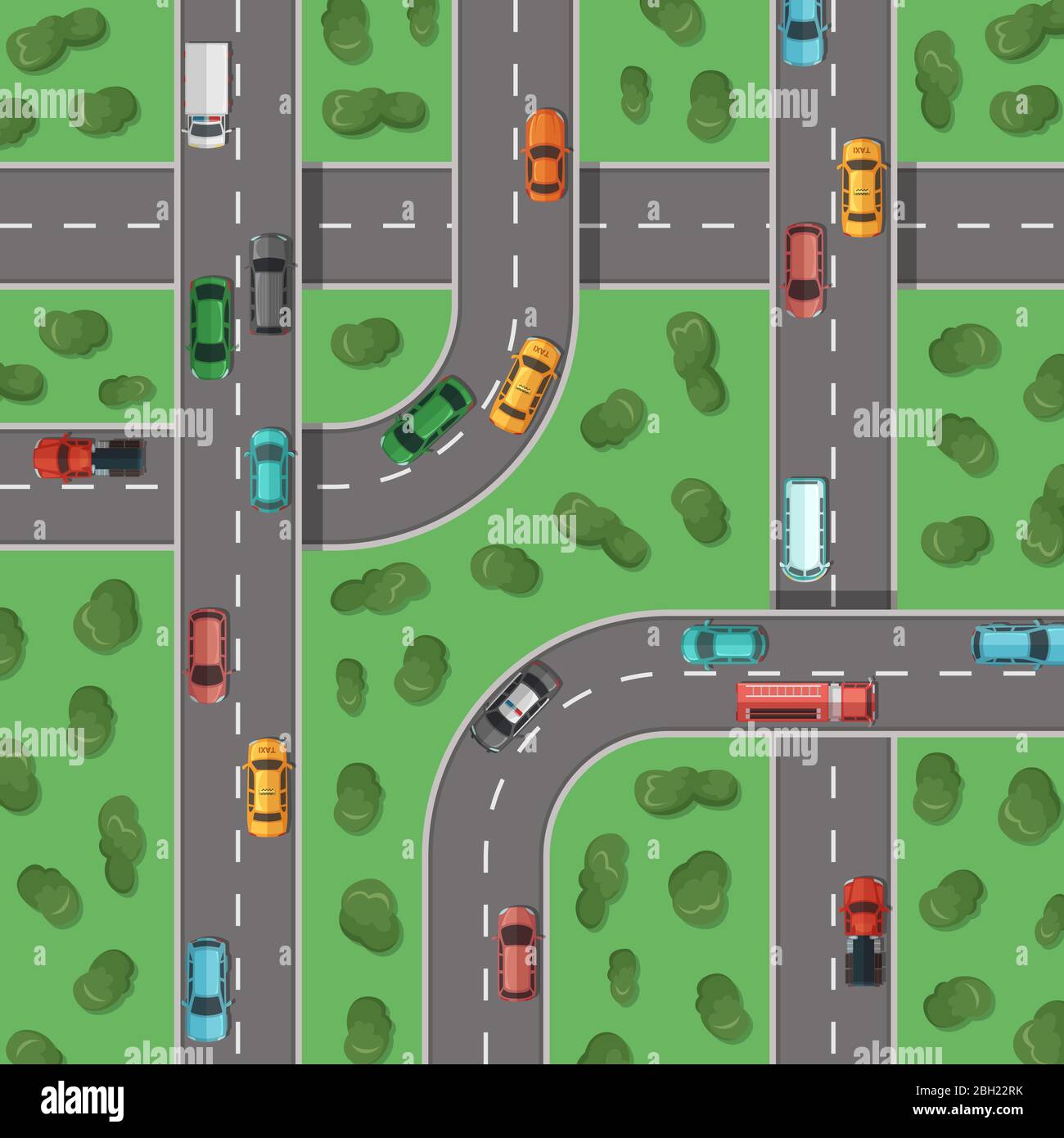 Vector top view highways with cars and with trees in between top view ...