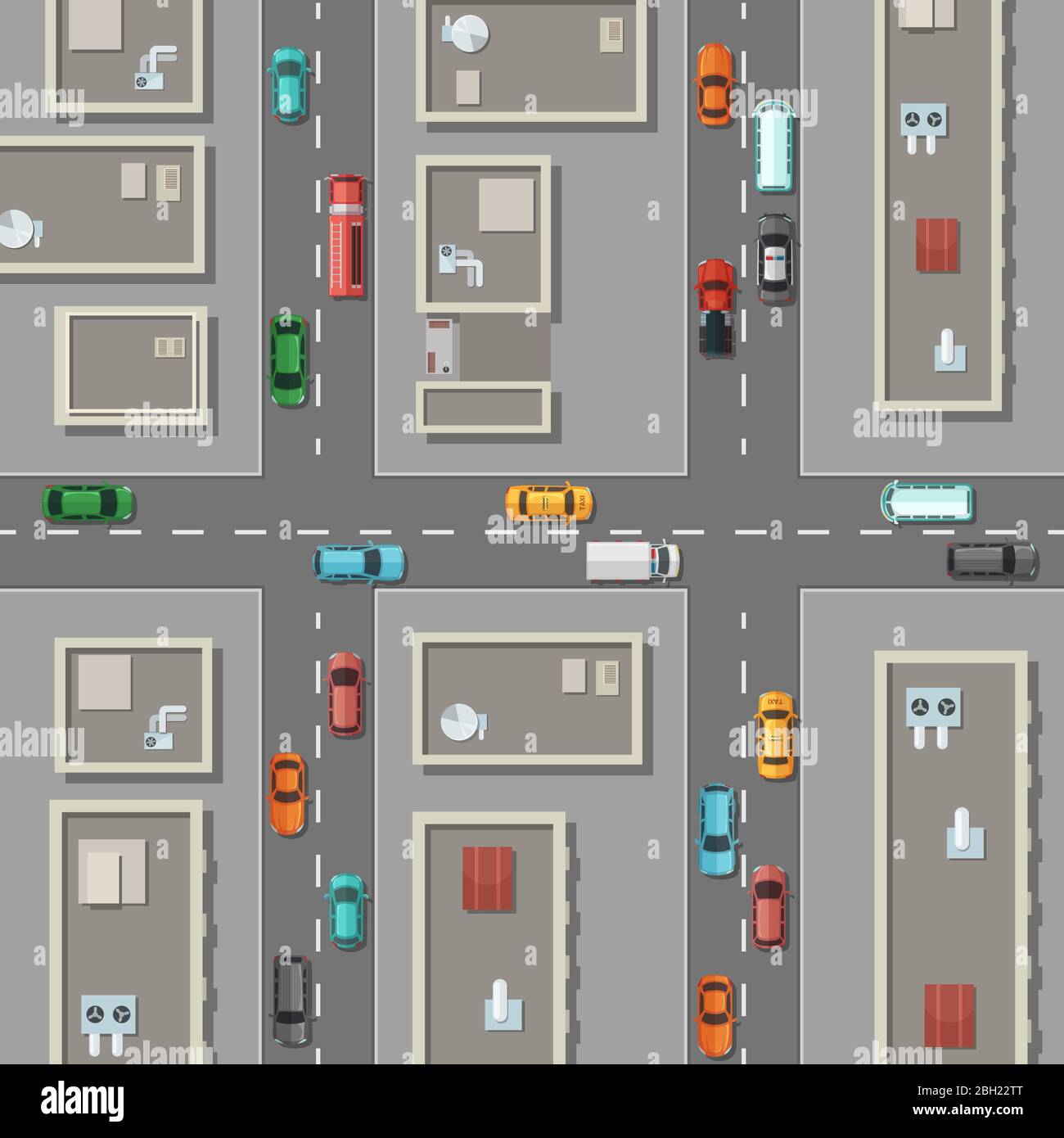 Vector top view city with office buildings rooftops, cars on the roads ...