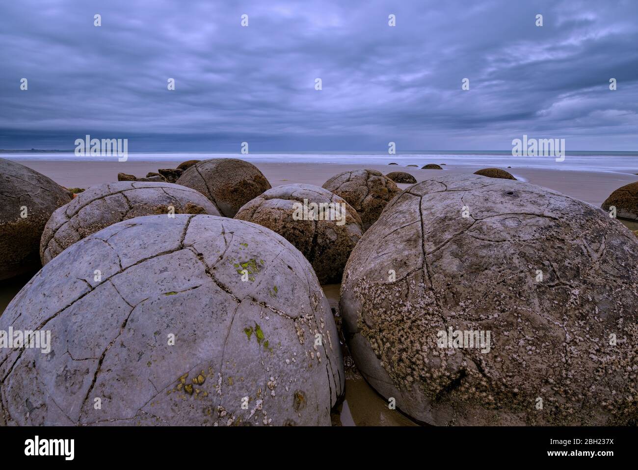New Zealand, Otago, Moeraki, Close-up of cluster of Moeraki Boulders ...