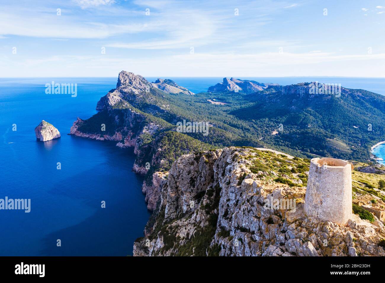 Spain, Mallorca, Pollenca, Drone view of Albercutx Watchtower and Cap ...