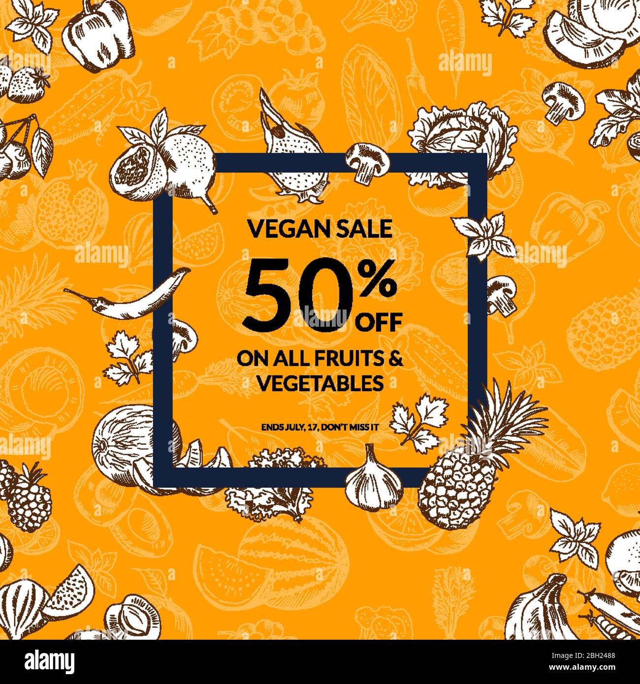 Vector handdrawn fresh fruits and vegetables shop or market sale ...