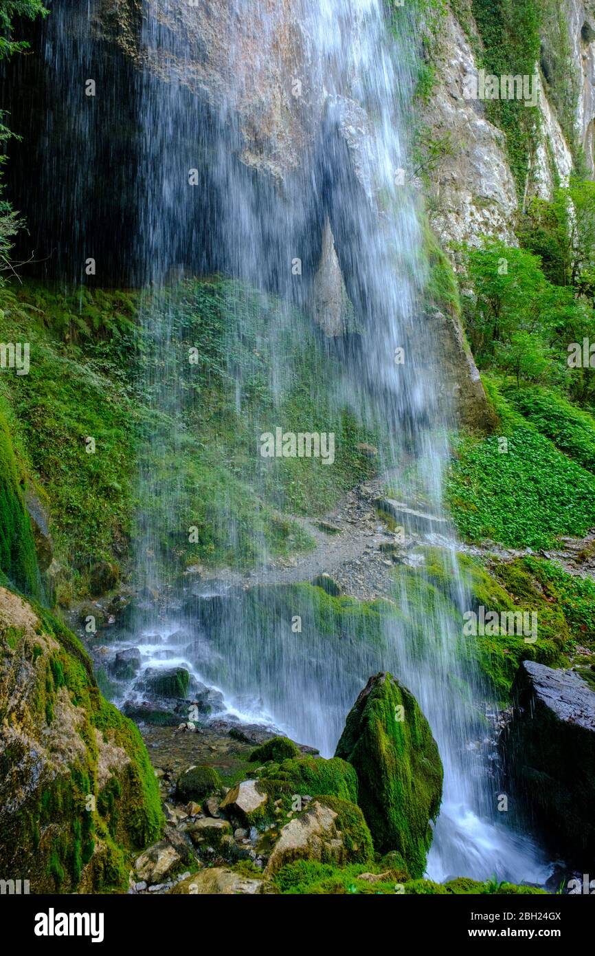 France, Pyrenees-Atlantiques, Sainte-Engrace, Waterfall in Les Gorges ...