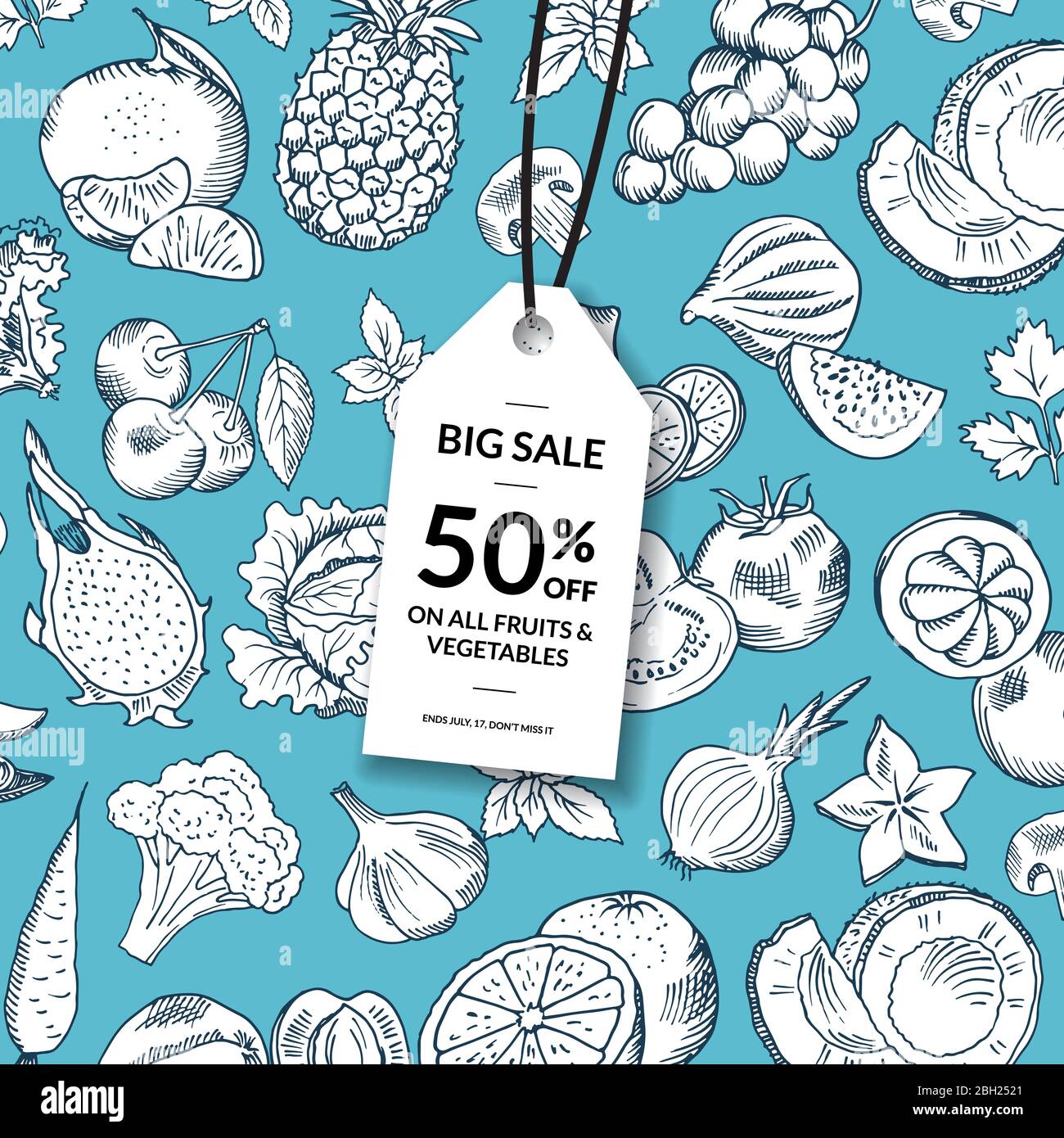 Vector doodle handdrawn fruits and vegetables vegan, healthy food sale ...