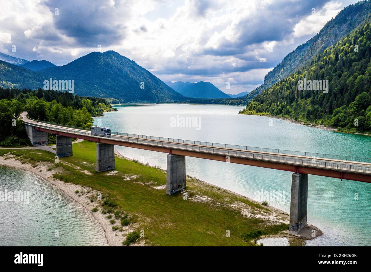 Sylvenstein Lake Bavaria Germany. Bridge for cars over water. Aerial ...