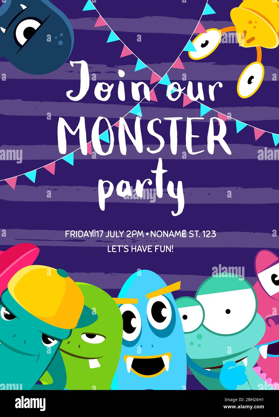 Vector monster party invitation poster with crowd of cute monsters and ...