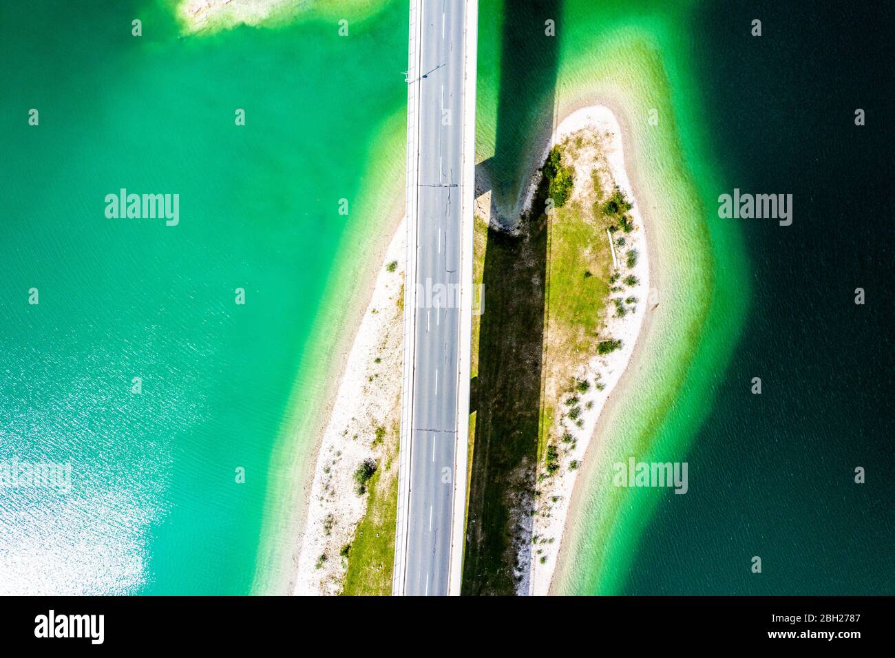 Sylvenstein Lake Bavaria Germany. Bridge for cars over water. Aerial ...