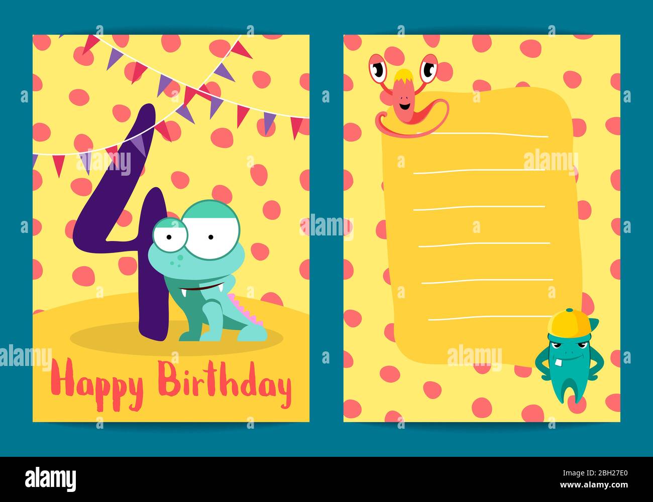 Vector poster kids happy birthday card with cute cartoon monsters and ...