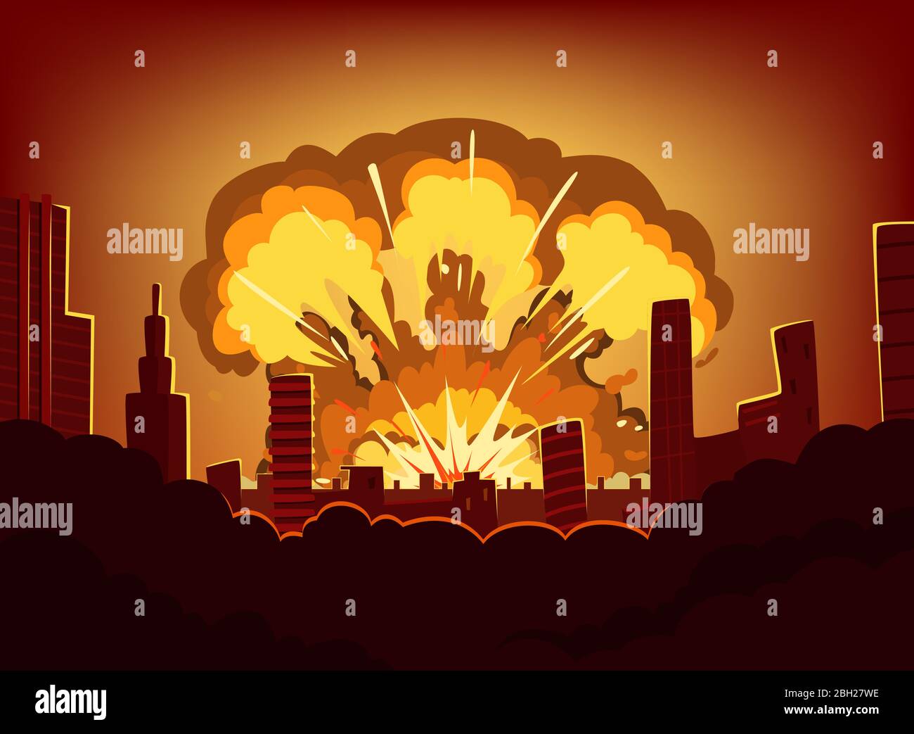 War and damages after big explosion in the city. Monochrome urban ...