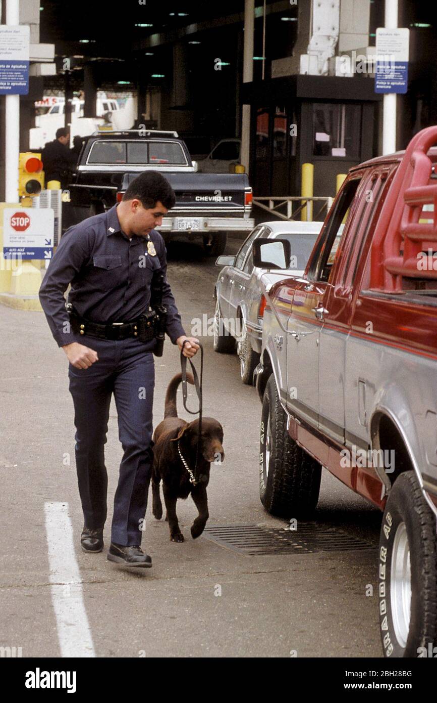 Laredo Texas USA: Hispanic customs officer guiding drug dog to sniff ...