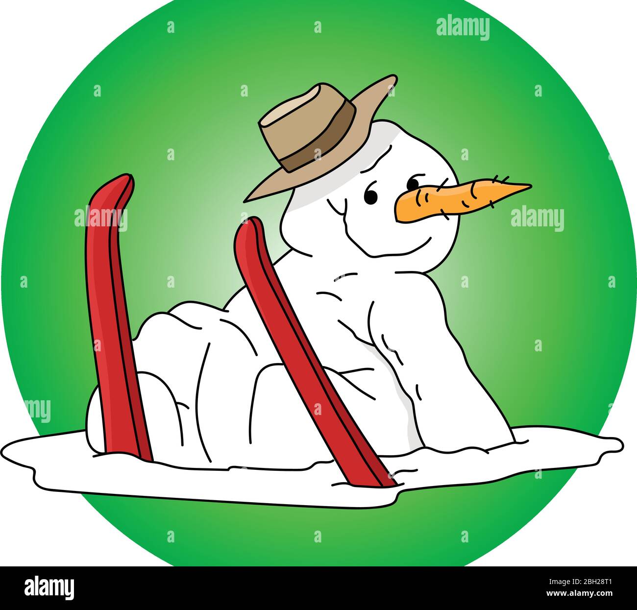 Cartoon snowman sitting on snow with his skiing equipment vector ...