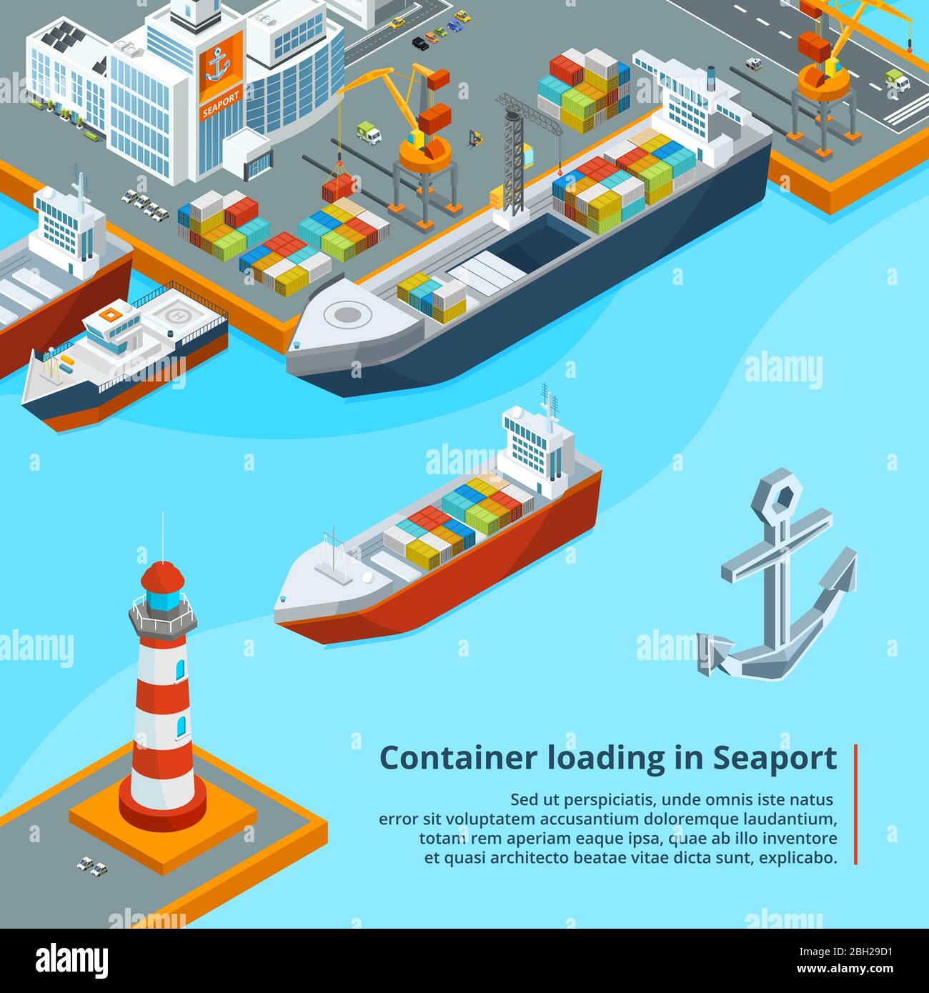 Dry cargo ship with containers. Maritime industrial work. Isometric ...