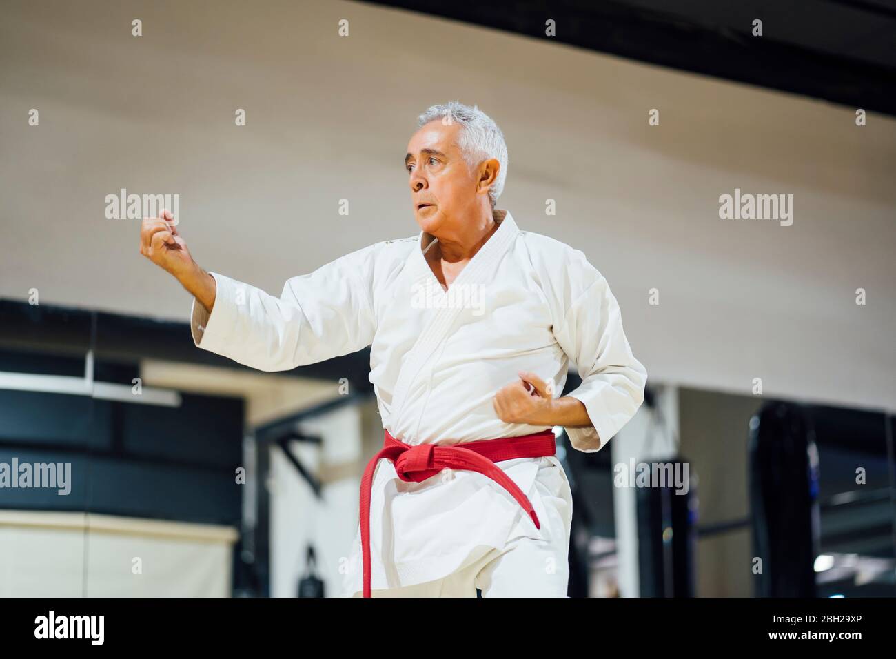Senior man practicing karate in gym Stock Photo - Alamy