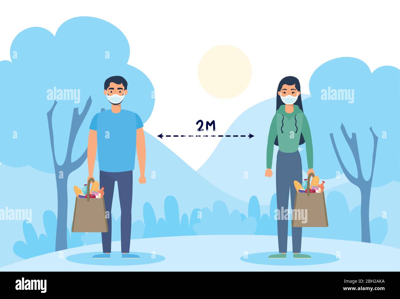 couple using face masks with groceries shopping bag and social ...