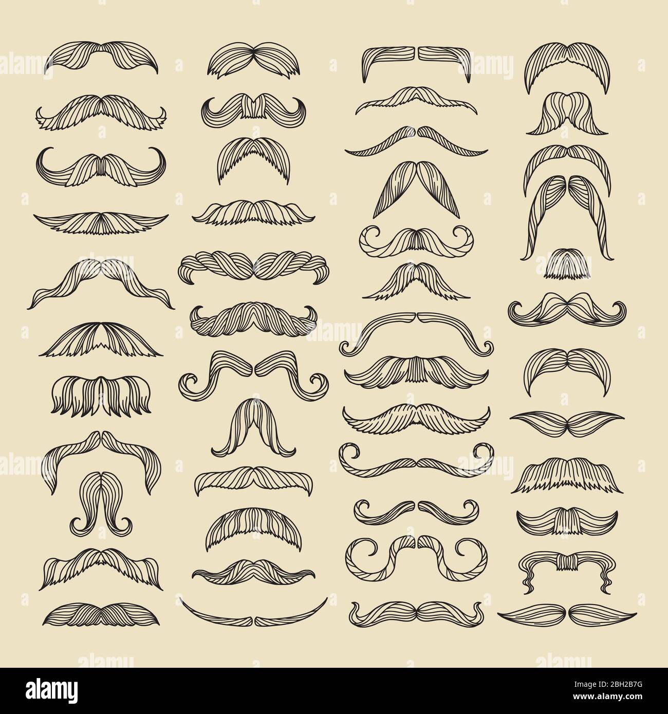Mustache of men. Hand drawn pictures with funny hairstyle. Set of ...
