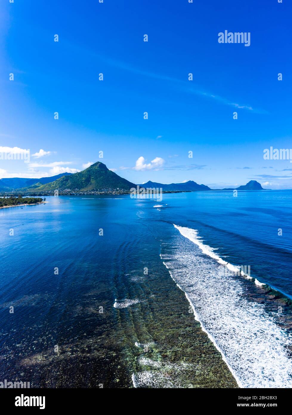 Mauritius, Black River, Flic-en-Flac, Aerial view of blue coastline of ...